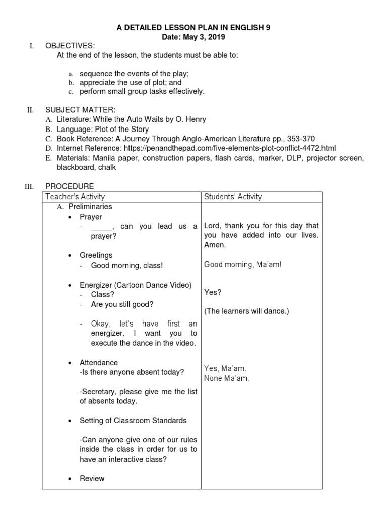 Grade 9 English Lesson Plan: Plot Elements | PDF | Plot (Narrative ...