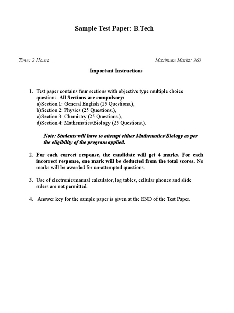 Sample Test Paper: B.Tech: Important Instructions | Download Free PDF ...