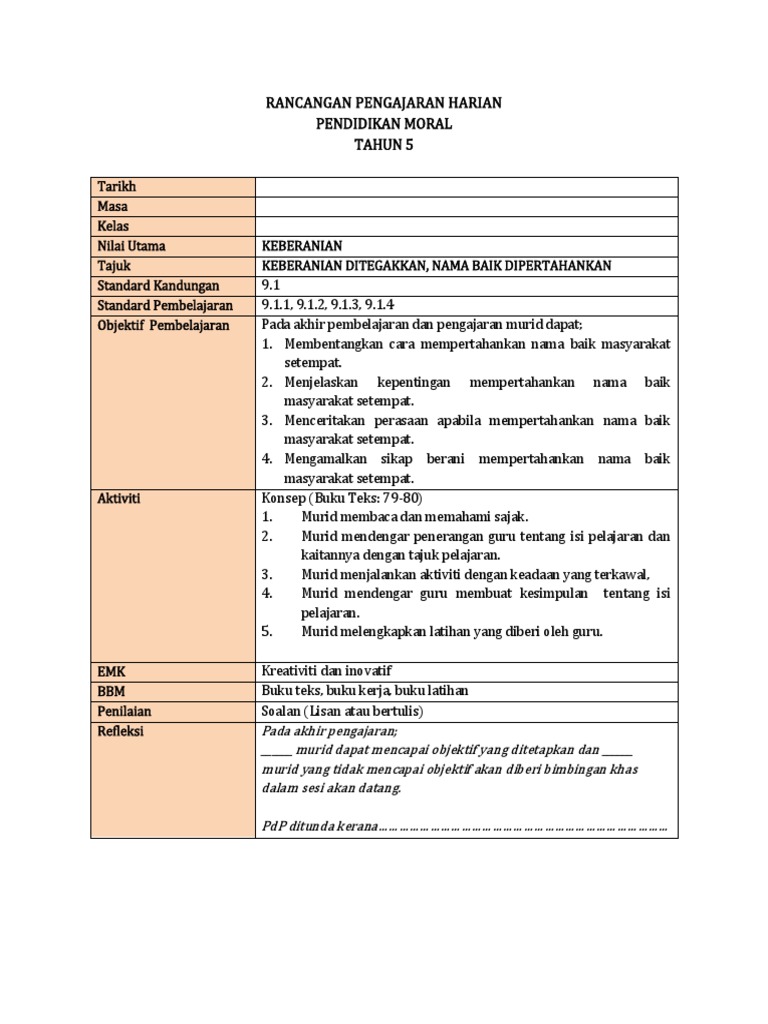 RPH Keberanian Tahun 5 Moral | PDF