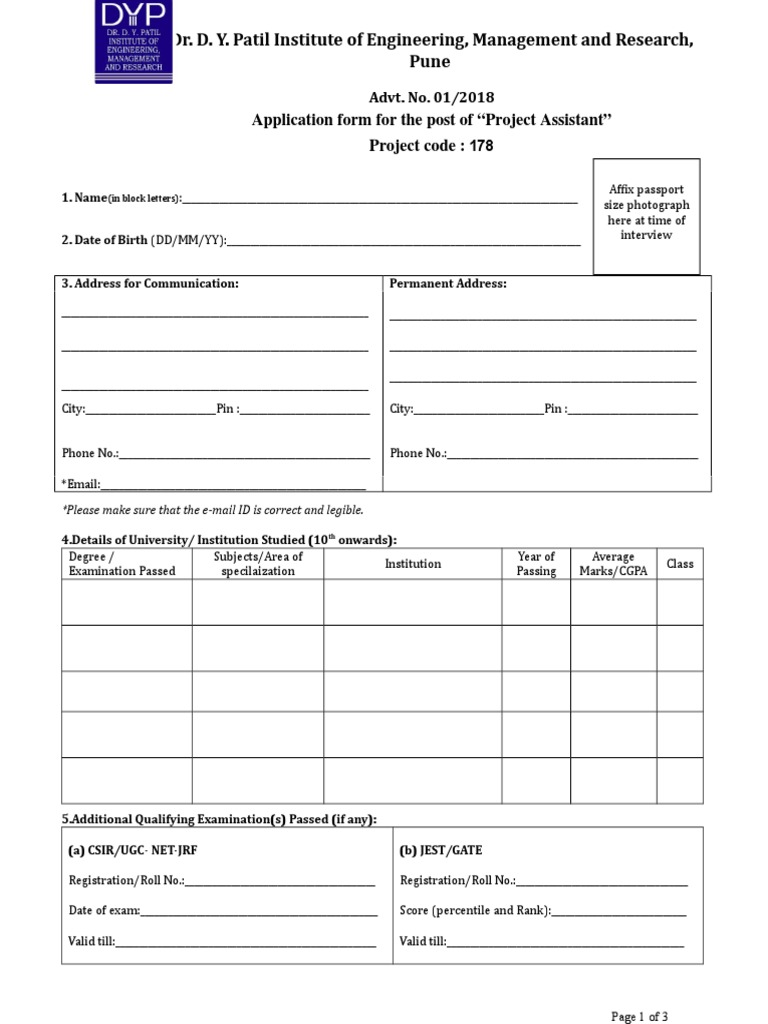 Project Assistant Application Form | PDF