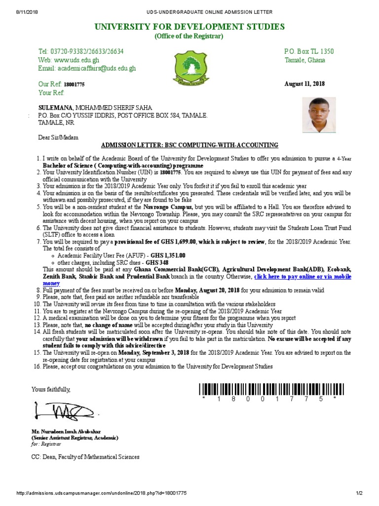 UDS Admission Letter for 2018/2019 | PDF | Business
