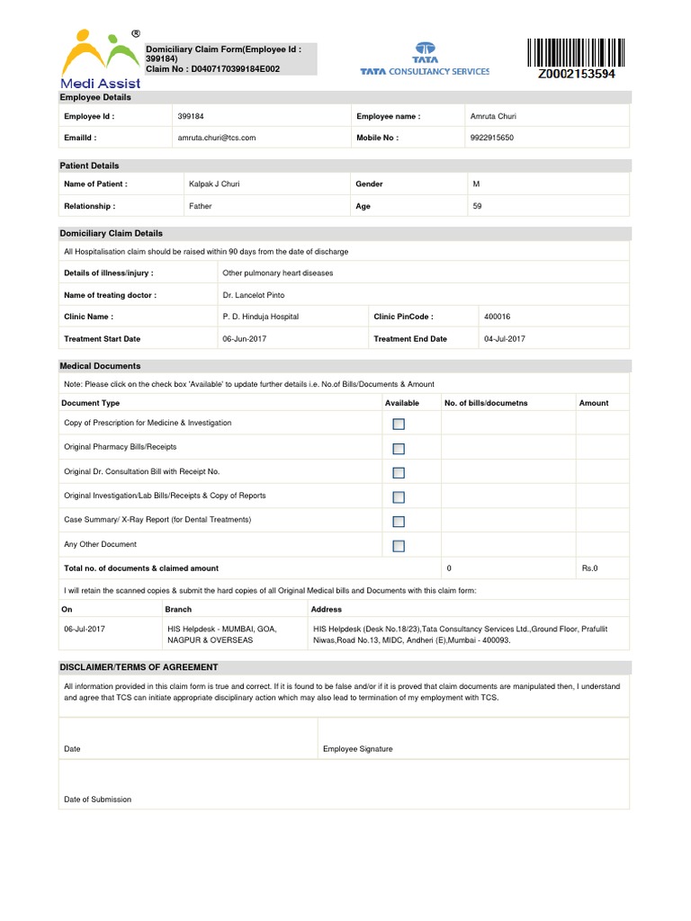 Domiciliary Claim Form Employee 399184 | PDF | Patient | Medicine