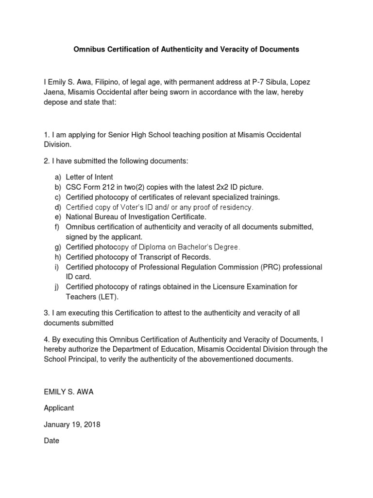 2 Copies Omnibus Certification of Authenticity and Veracity of ...
