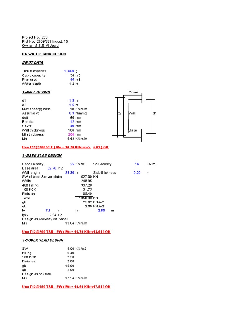 Underground Water Tank Design Details | PDF