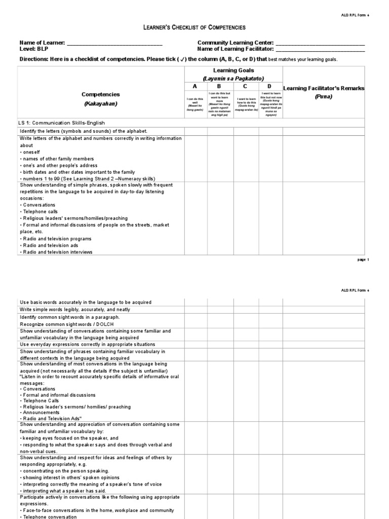 RPL 4 - Learner's Checklist of Competencies (BLP) | PDF | Nonverbal ...