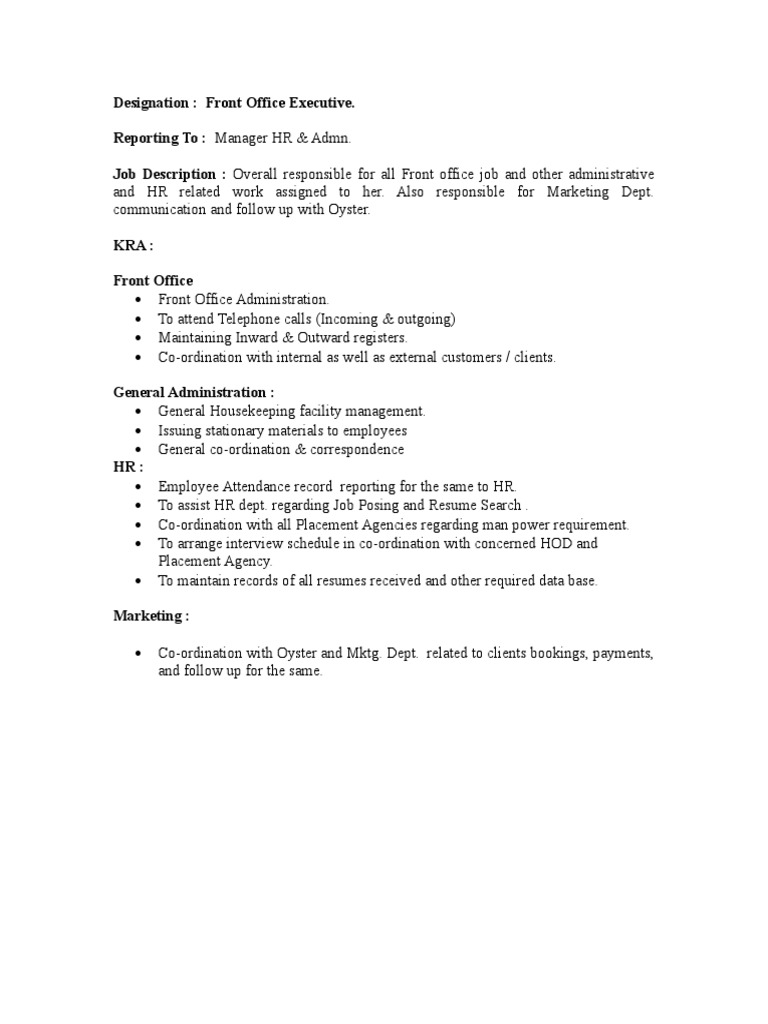 Front Office Executive - KRA & KPI - Example-13.05.2019 | PDF | Human ...
