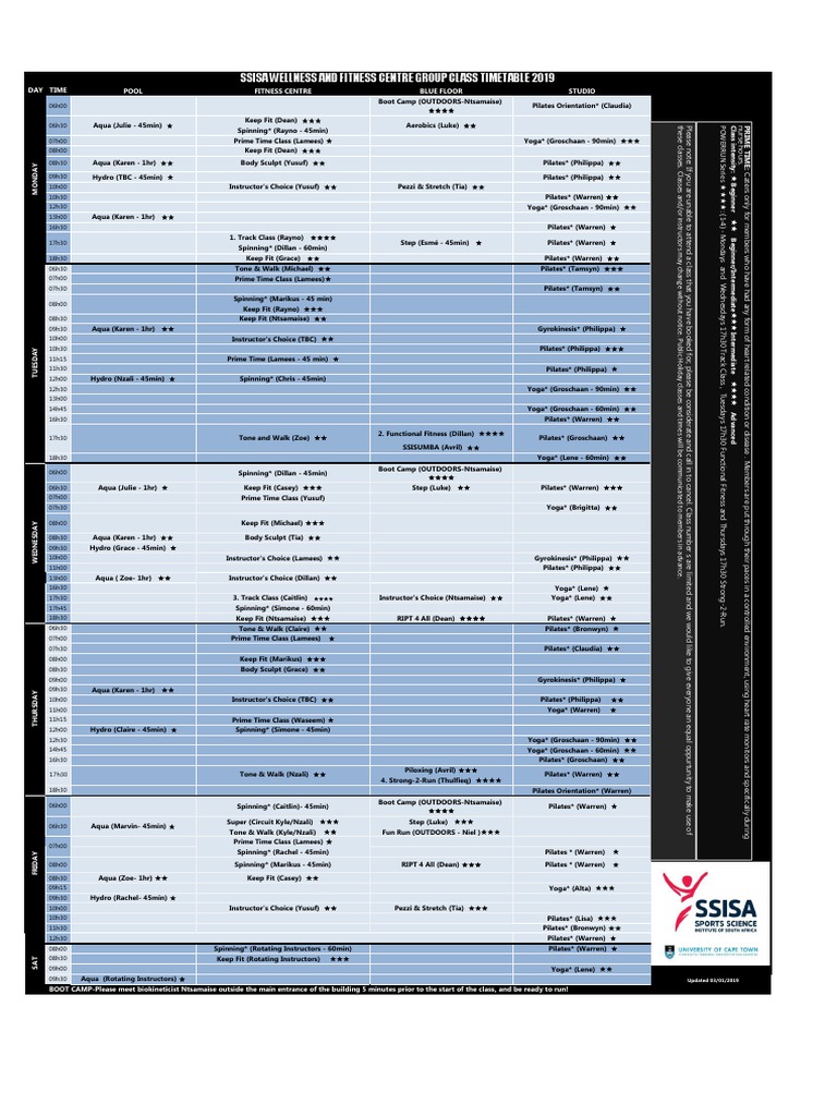 SSISA Fitness Class Schedule 2019 | PDF | Physical Exercise | Recreation
