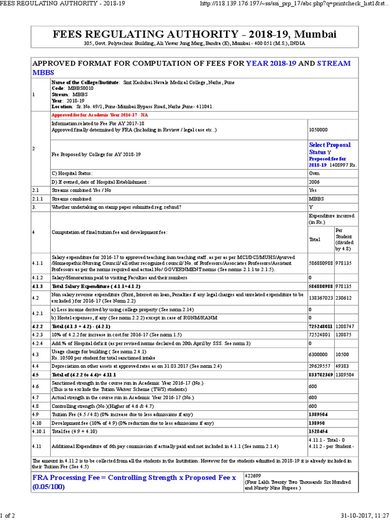 Fees Regulating Authority - 2018-19, Mumbai: Approved Format For ...