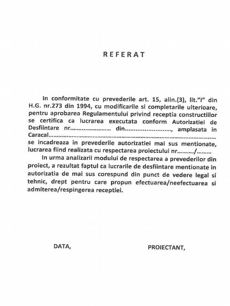 Referat Proiectant Autorizatie Demolare Model PDF | PDF