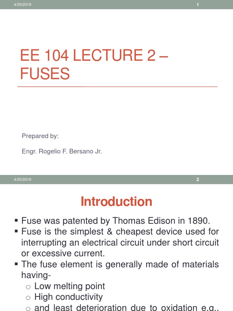 Ee 104 Lecture 2 - Fuses: Prepared By: Engr. Rogelio F. Bersano JR | PDF | Fuse (Electrical ...