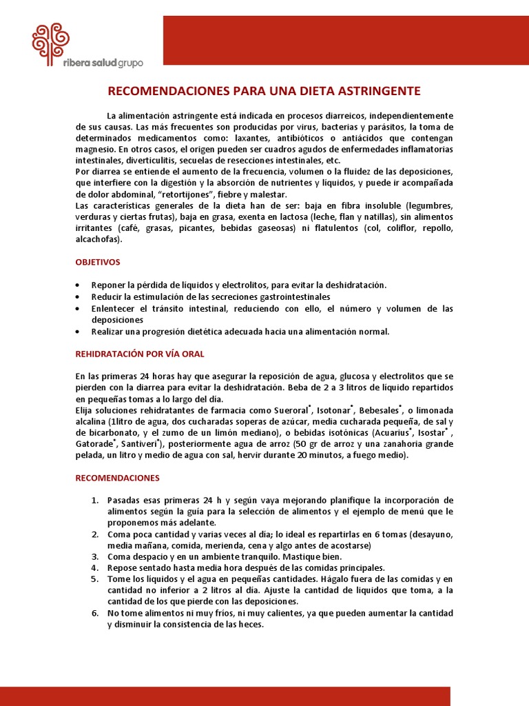 Dieta Astringente: Guía y Menú | PDF | Diarrea | Cocinando