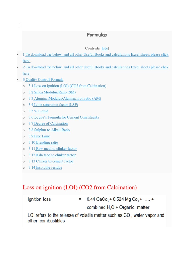 Loss On Ignition (LOI) (CO2 From Calcination) : Formulas | PDF