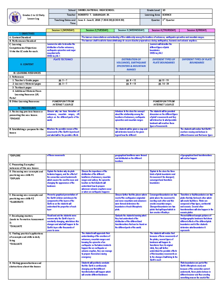 2018 2019 Science 10 DLL | PDF | Plate Tectonics | Teachers