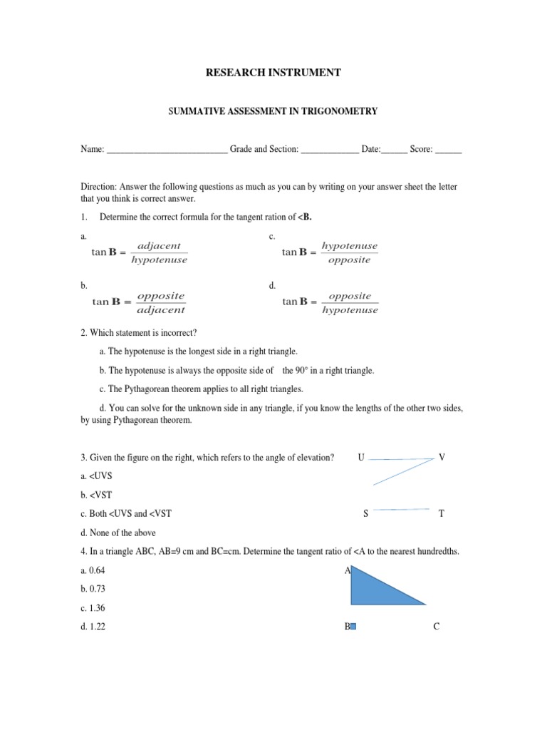 SUMMATIVE ASSESSMENT IN TRIGONOMETRY Questionnaire | PDF | Trigonometric Functions | Triangle