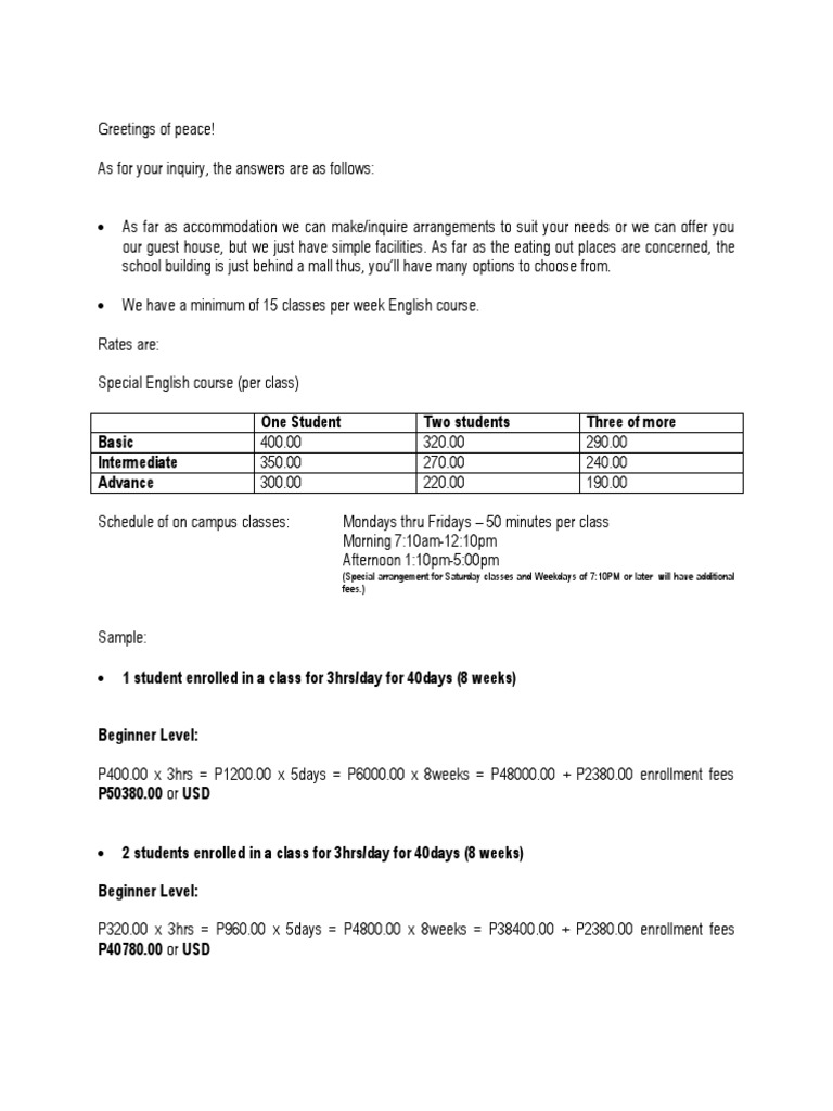 English Course Details and Pricing | PDF