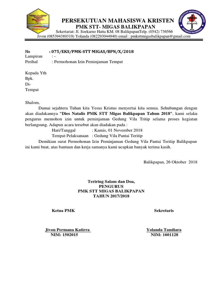 Izin Peminjaman Gedung Dies Natalis PMK 2018 | PDF