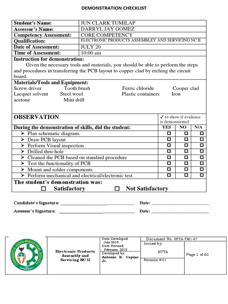 Demonstration Checklist | PDF | Printed Circuit Board | Electrical ...