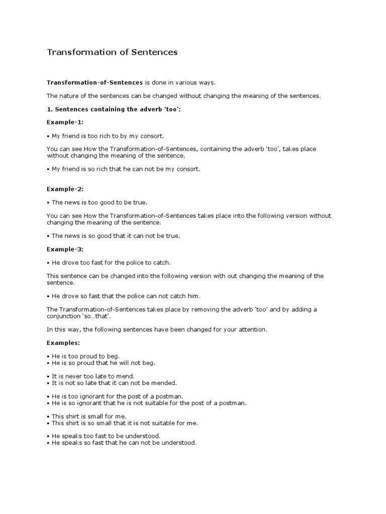 Transformation of Sentences | PDF | Semantic Units | Syntactic Relationships