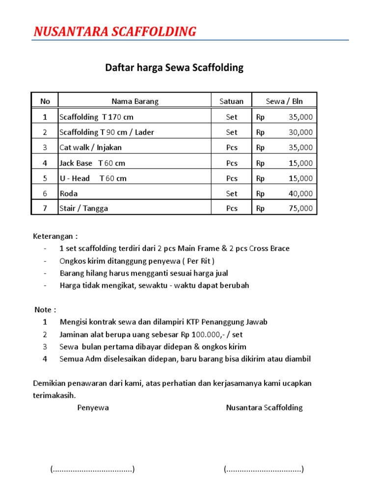 Daftar Harga Sewa Scaffolding | PDF