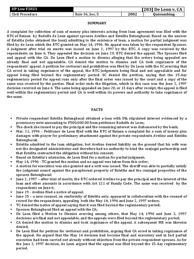 De Leon v. Batungbacal: Loan Appeal Case | PDF | Judgment (Law) | Lawsuit