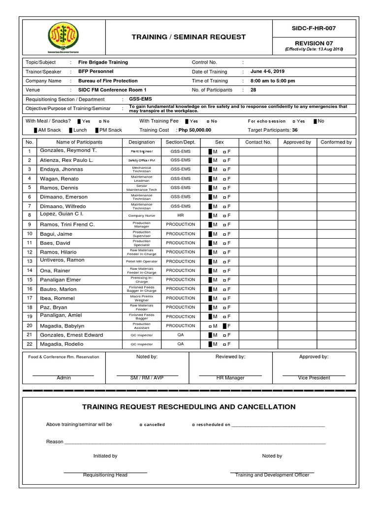 Fire Brigade Training Request Form | PDF | Firefighting