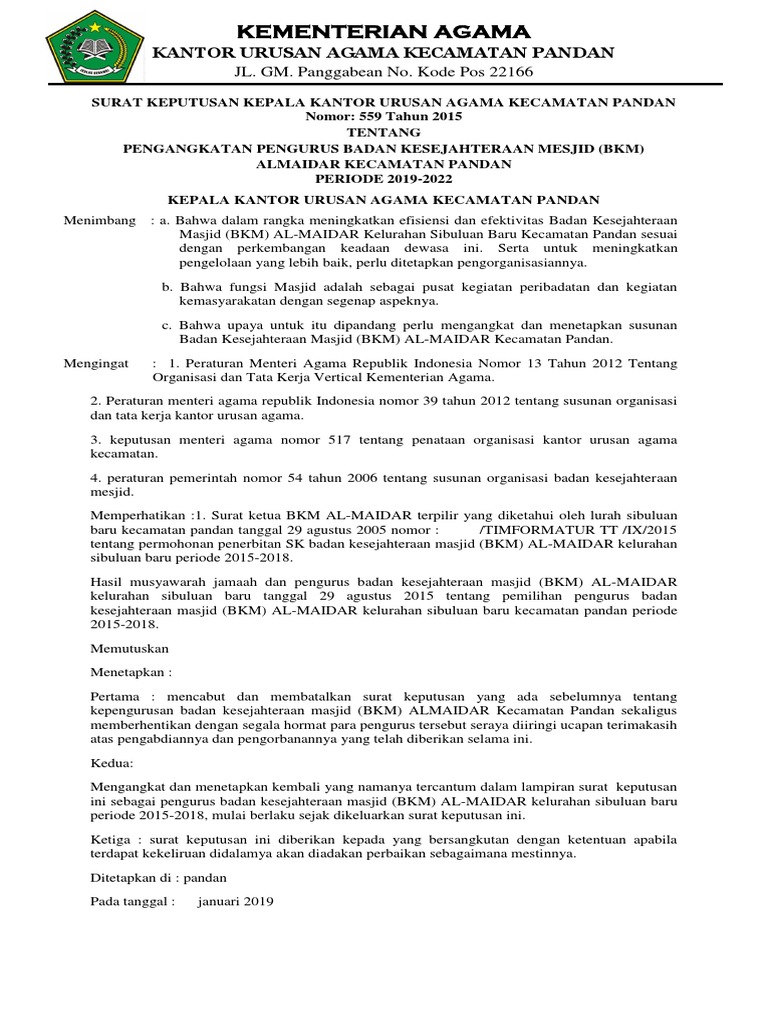 SK Pengurus BKM 2019-2022 | PDF