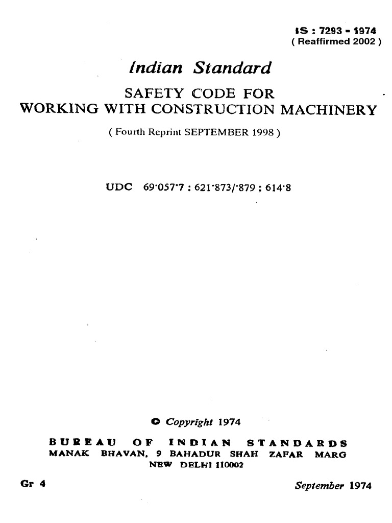 Indian Standard: Safety Code For Working With Construction Machinery ...