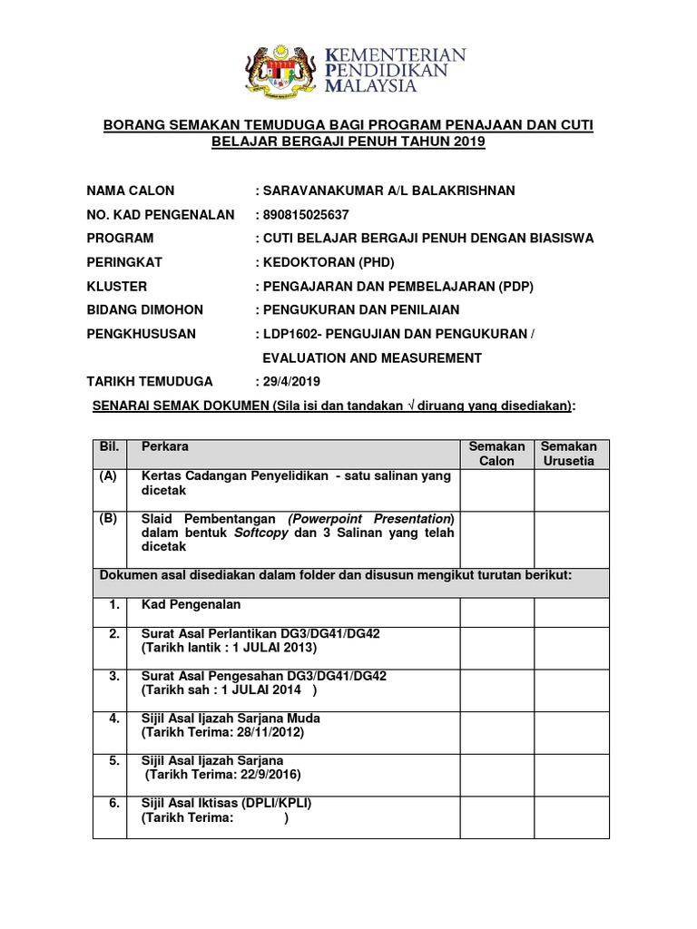 Borang Semakan Temuduga Bagi Program Penajaan Dan Cuti Belajar Bergaji ...