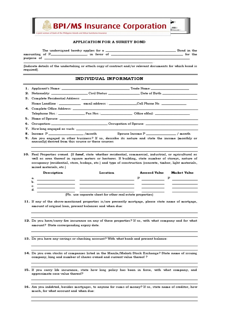 Surety Bond Application Form | PDF | Mortgage Loan | Bonds (Finance)