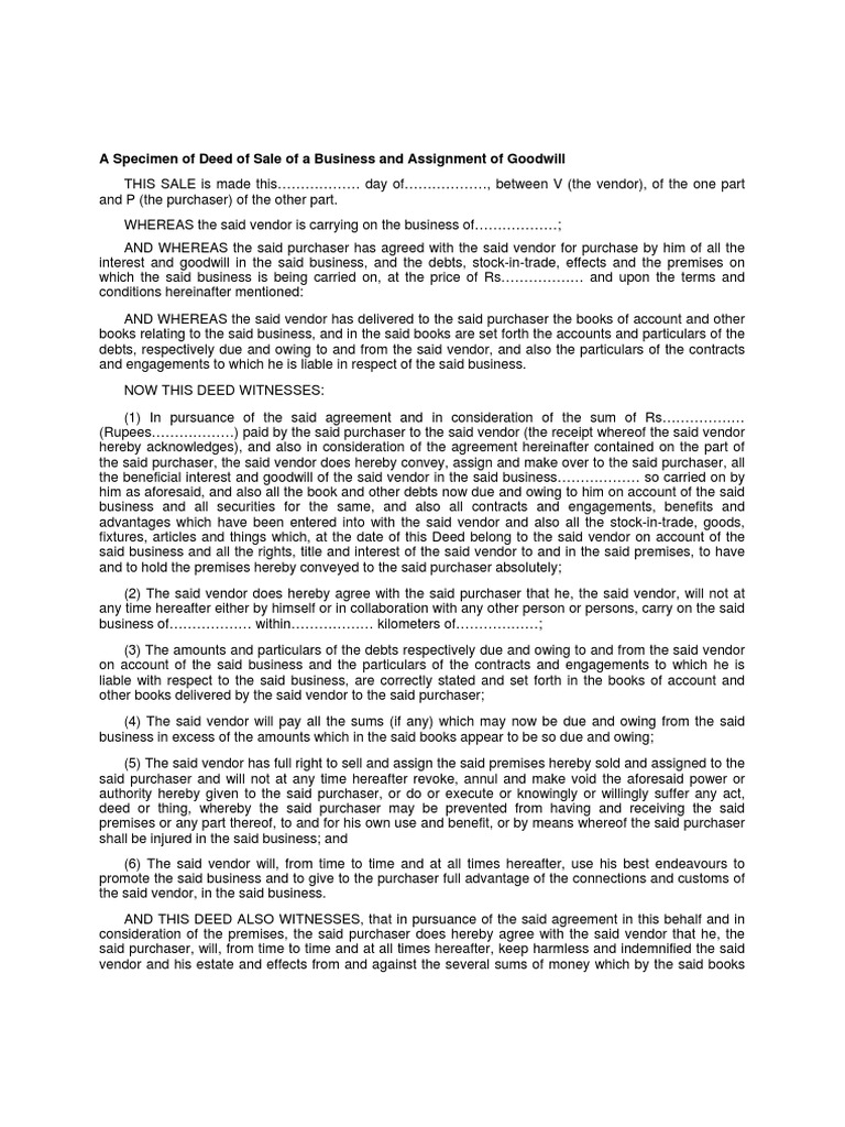 Sale of Business and Assignment of Goodwill Deed: Conveying Ownership ...