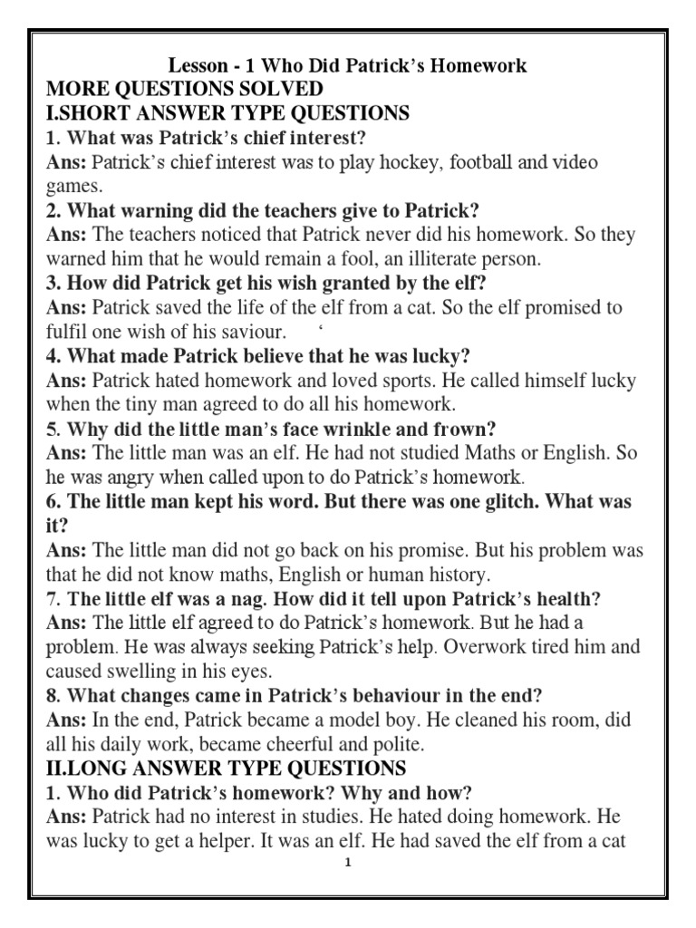 Lesson - 1 Who Did Patrick's Homework More Questions Solved I.Short ...