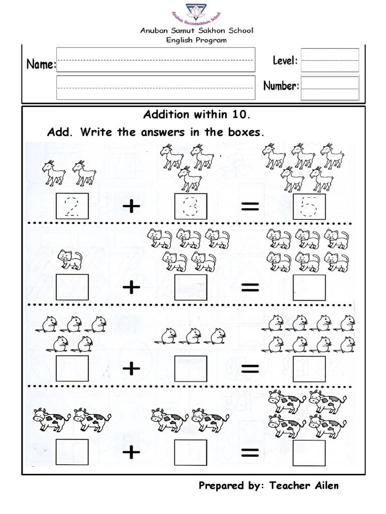 Addition Within 10. Add. Write The Answers in The Boxes.: Prepared By ...