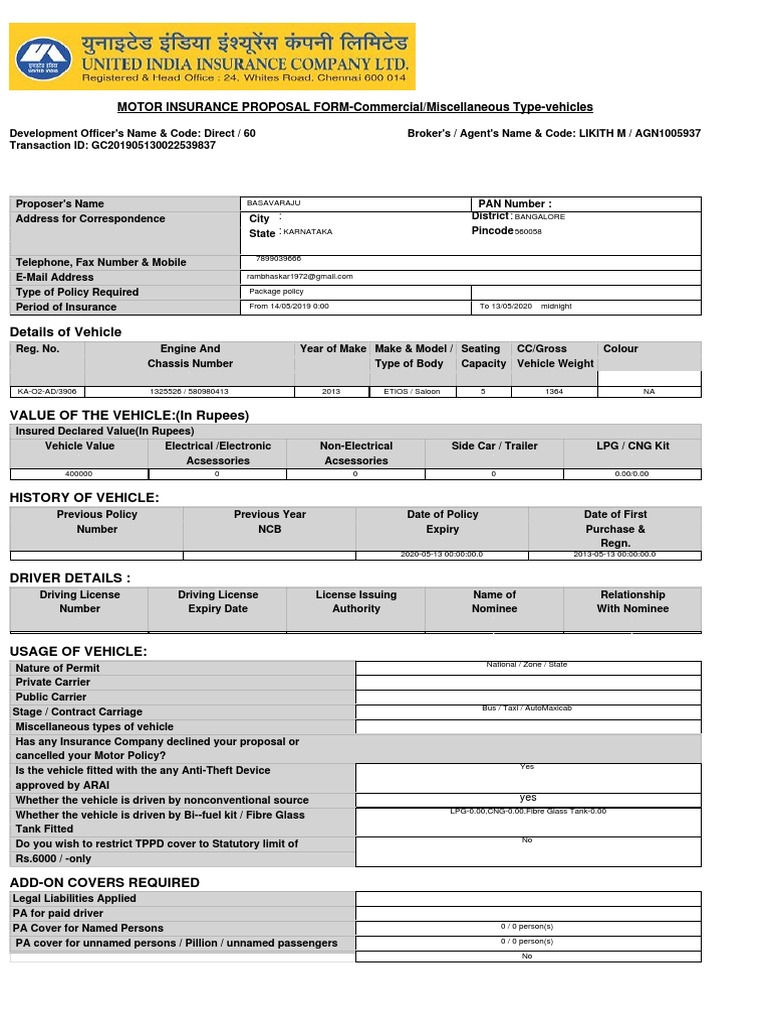 MOTOR INSURANCE PROPOSAL FORM-Commercial/Miscellaneous Type-Vehicles | PDF | Vehicle Insurance ...