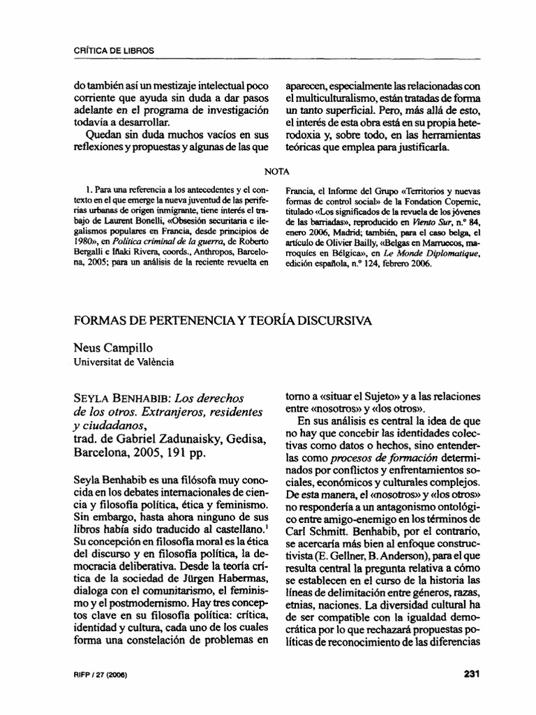 Benhabib: Derechos y Pertenencia Global | PDF | Democracia | Ideologías ...