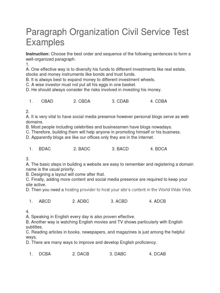 Paragraph Organization Civil Service Test Examples | Facebook | Investing