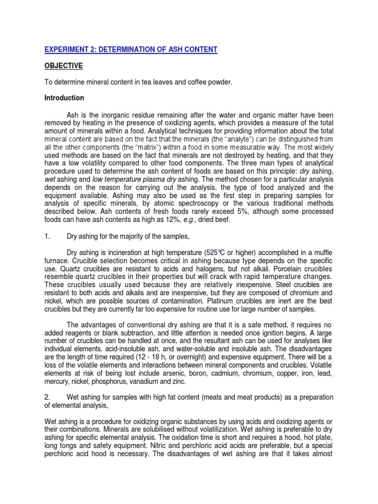 Determination of Ash Content PDF | PDF | Minerals | Foods