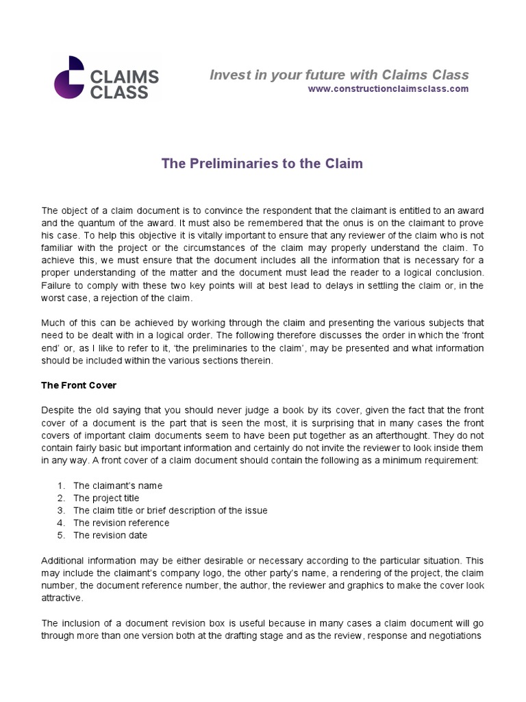 The Preliminaries To The Claim: Invest in Your Future With Claims Class ...