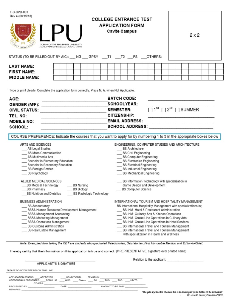 Lyceumcollege Entrance Test Form | PDF | Bachelor Of Science | Engineering