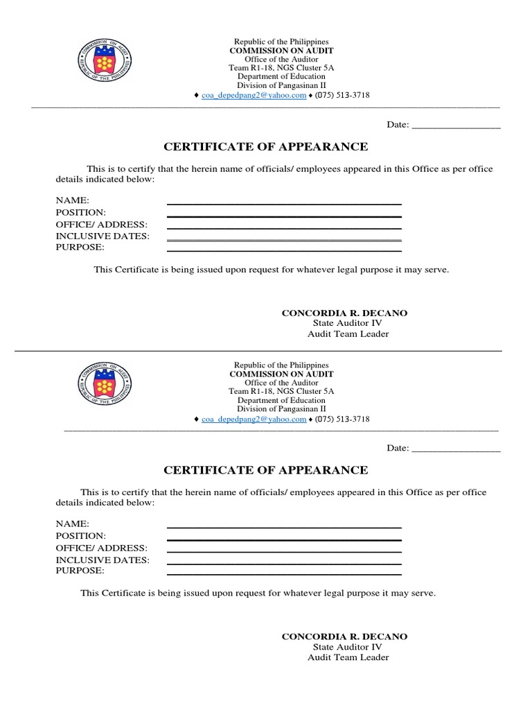 Certificate of Appearance: Commission On Audit | PDF | Accounting ...