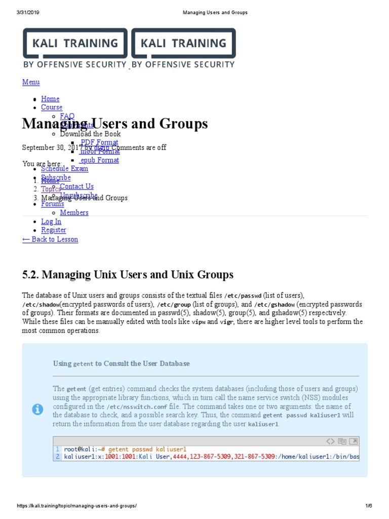 (Kali - Training) Managing Users and Groups | PDF | Superuser | Command Line Interface