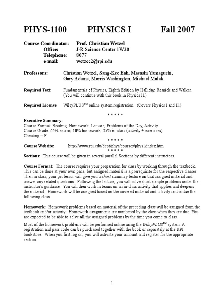 An Overview of the Physics I Course at RPI: Format, Requirements ...