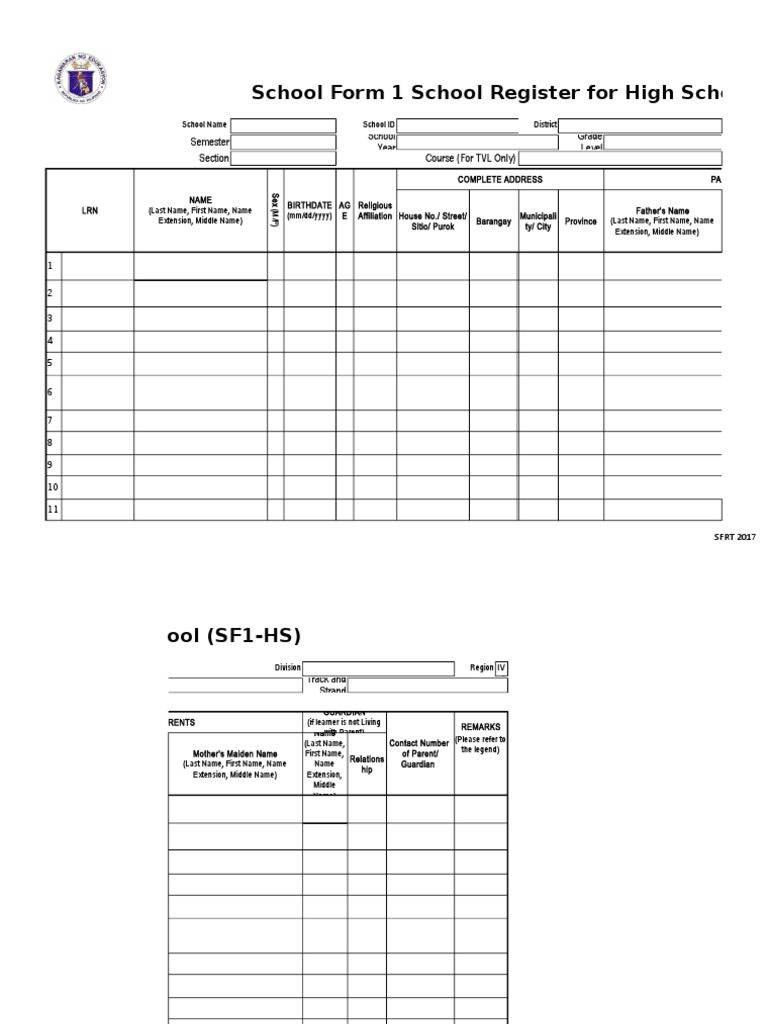 School Form 1 School Register For High School (SF1-HS) : Semester ...