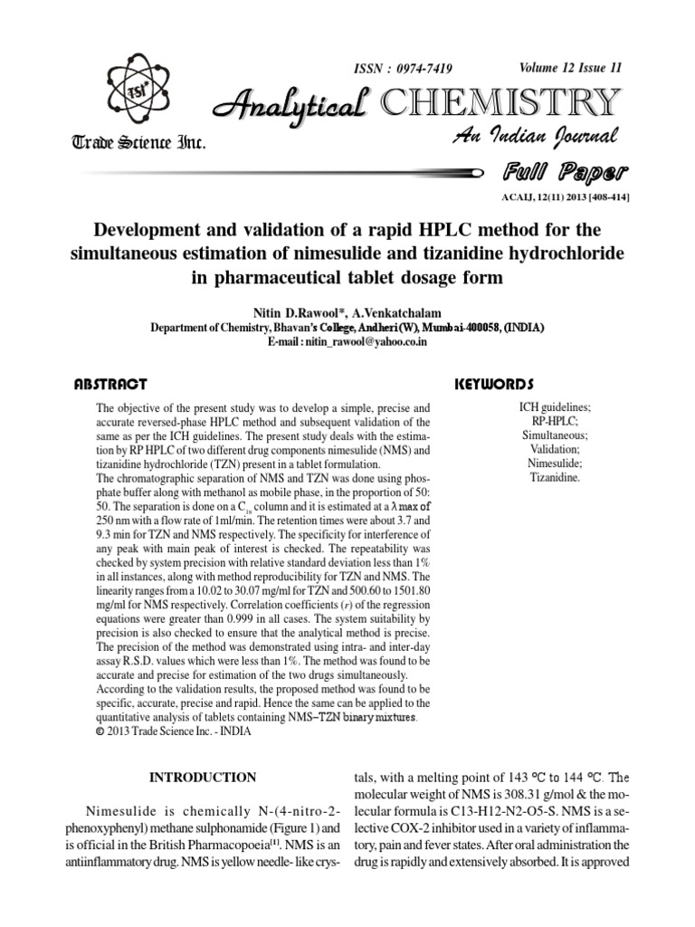 Development and Validation of A Rapid HPLC Method For The Simultaneous Estimation of Nimesulide ...