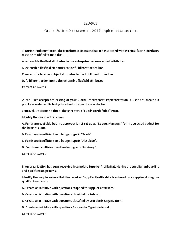 1Z0-963 Oracle Fusion Procurement 2017 Implementation Test | PDF ...