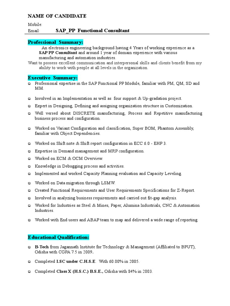 Name of Candidate SAP - PP Functional Consultant Professional Summary ...
