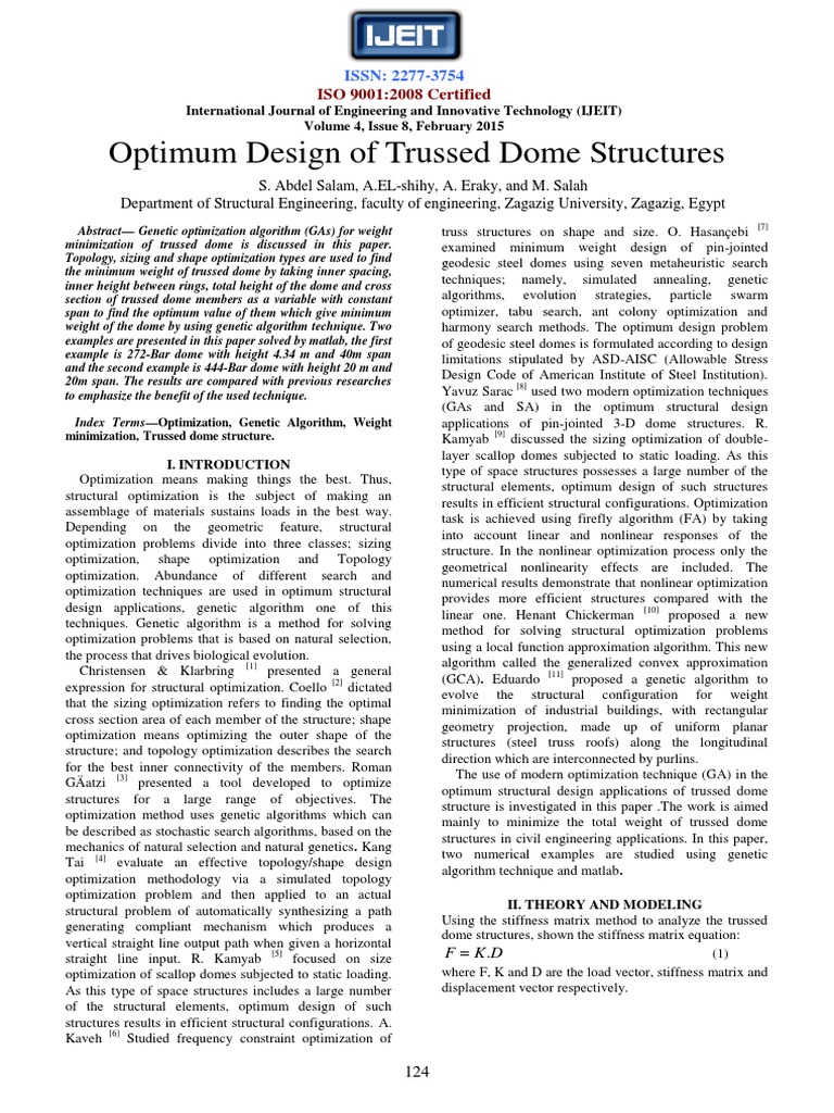 Optimum Design of Trrussed Dome Structures, Salam, Salah 2015 | PDF | Mathematical Optimization ...