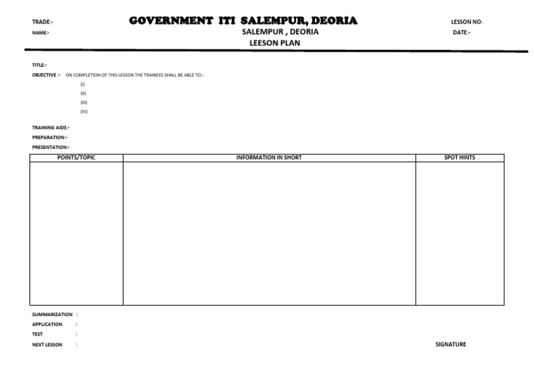 ITI Salempur Lesson Plan Template | PDF | Business