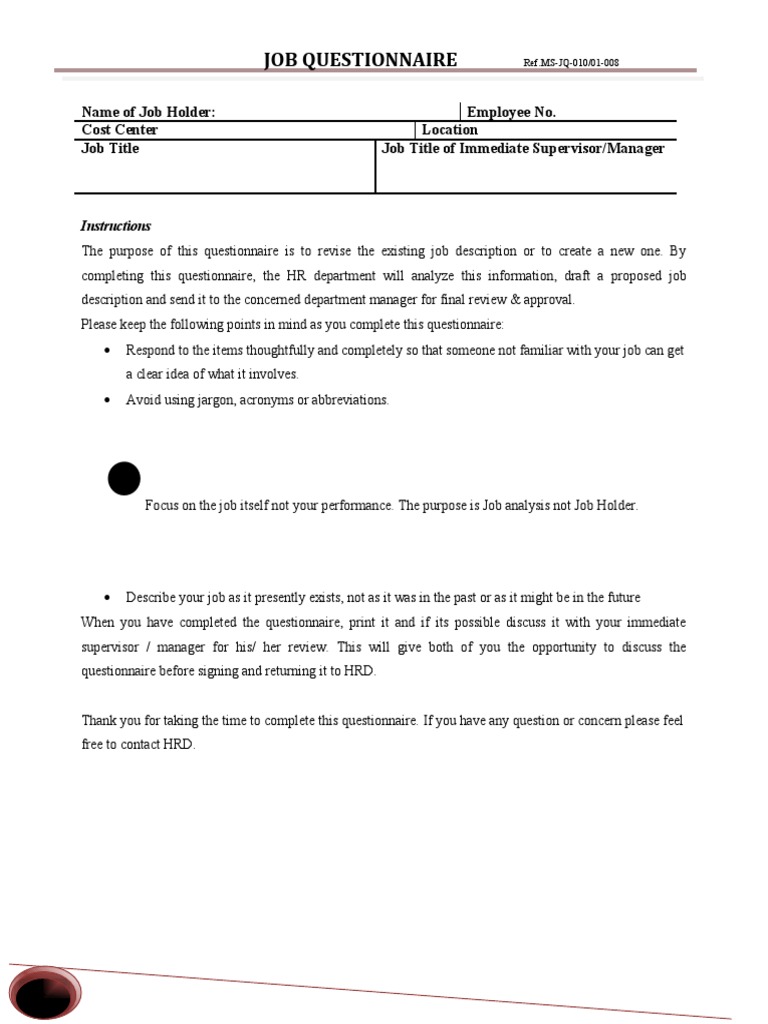 Job Description Questionnaire Template | PDF | Bachelor's Degree ...