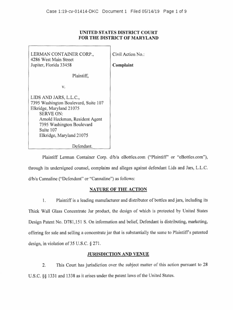 Lerman Container v. Lids and Jars - Complaint | PDF | Diversity ...