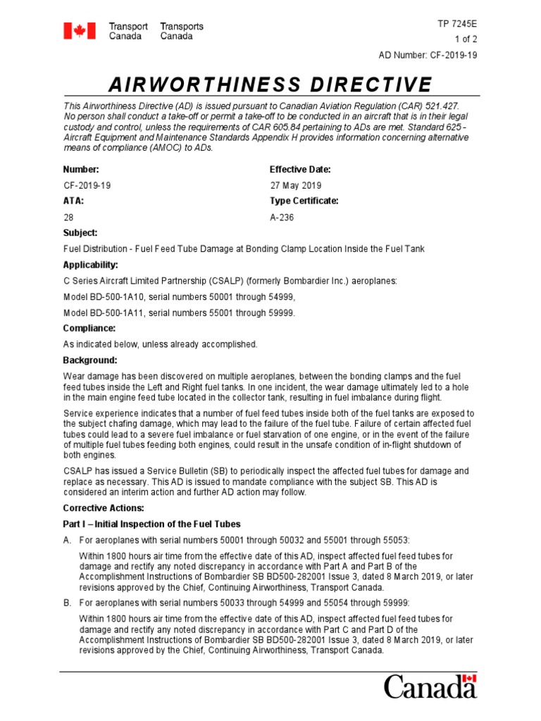 AD CF-2019-19: Fuel Tube Inspection Directive | PDF | Vehicles | Aviation